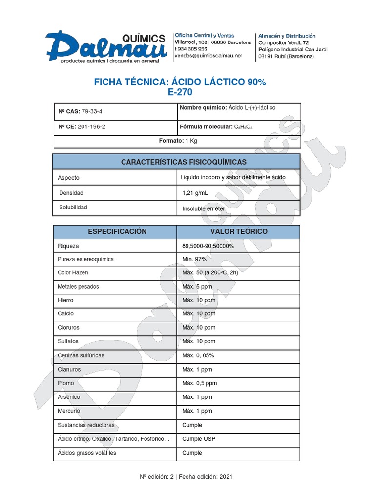 Ficha Técnica de Ácido Láctico 90% | PDF