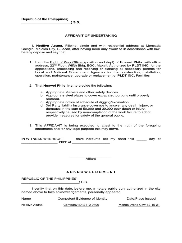 Affidavit of Undertaking-Lacking Docs For Printing | PDF | Affidavit | Common Law