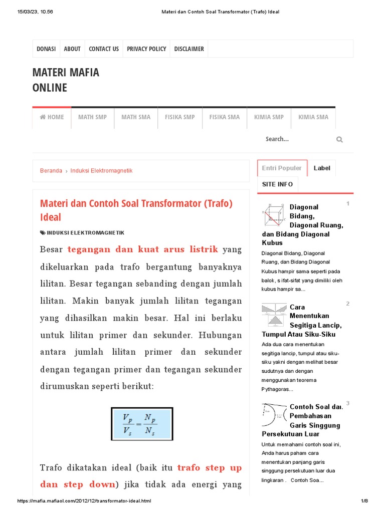 Materi Dan Contoh Soal Transformator (Trafo) Ideal | PDF