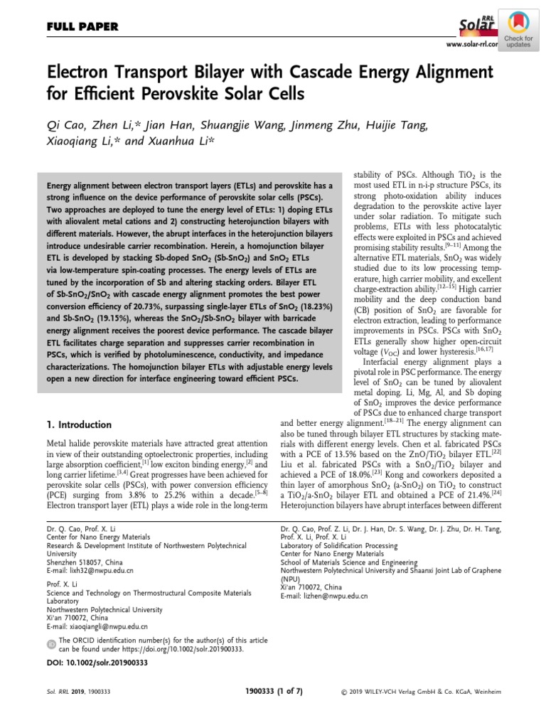 Electron Transport Bilayer With Cascade Energy Alignment | PDF