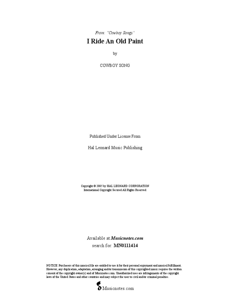 Cowboy Song - I Ride An Old Paint - Sheet Music in G Major - Download ...