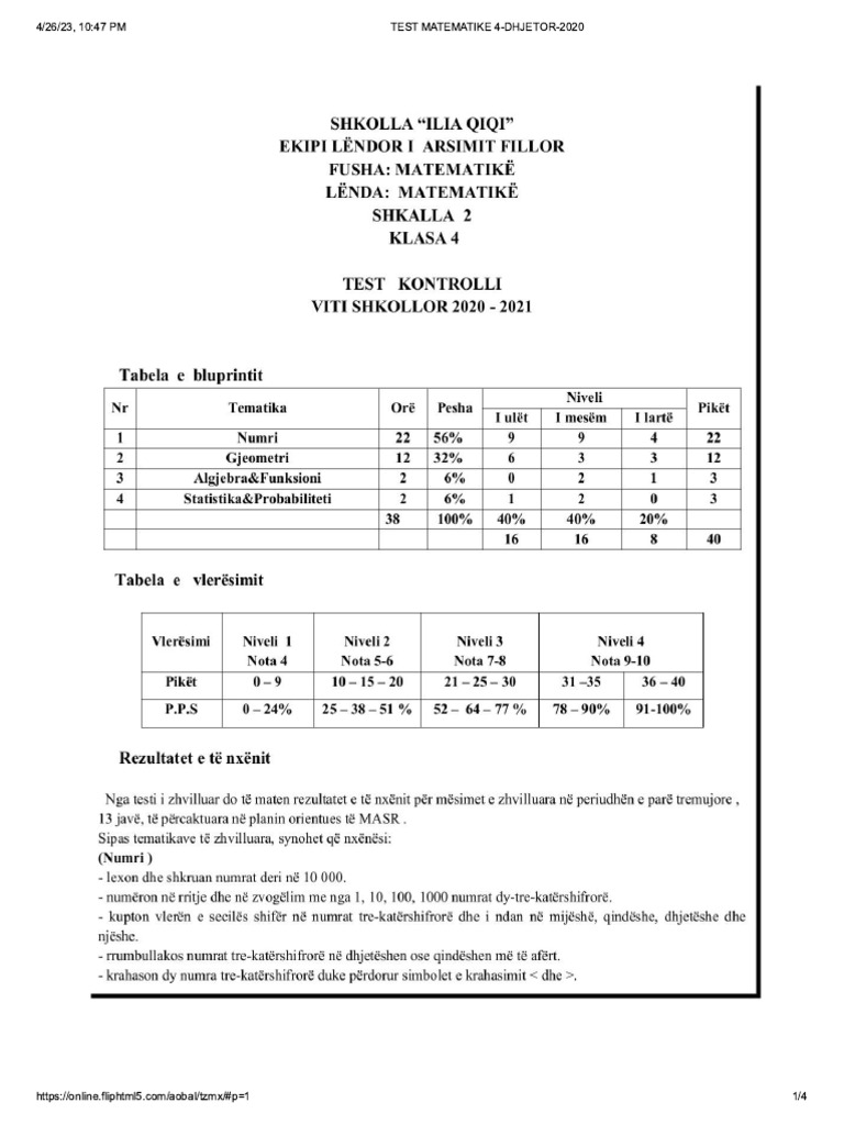 Test Matematike 4 Dhjetor 2020 | PDF