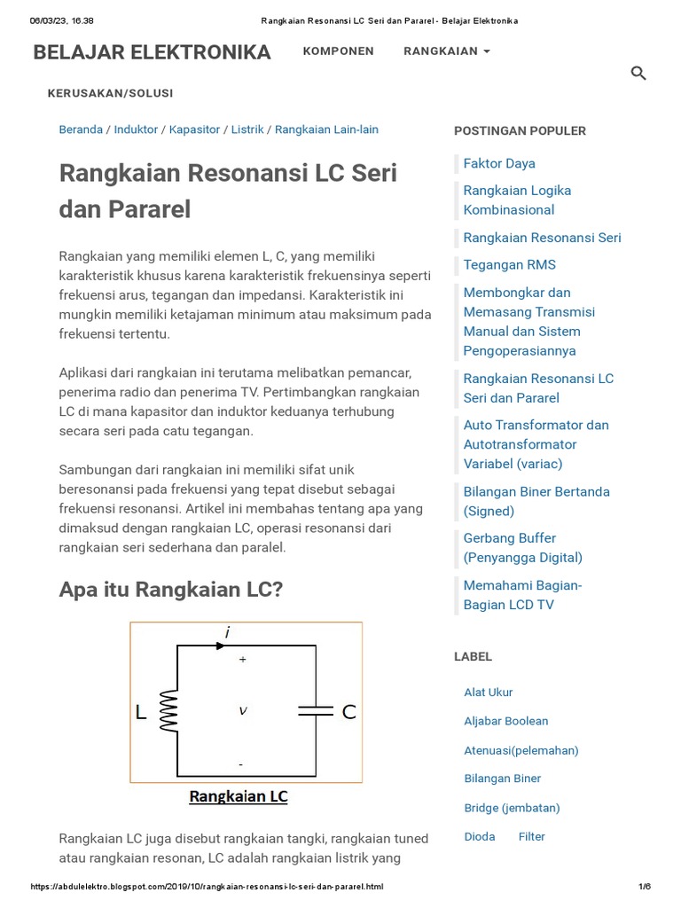 Rangkaian Resonansi LC Seri Dan Pararel - Belajar Elektronika | PDF