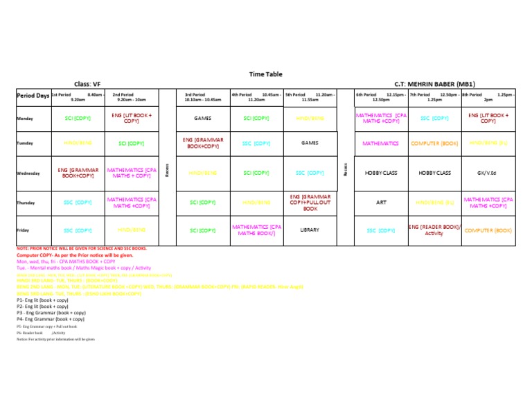 VF Class Weekly Timetable | PDF