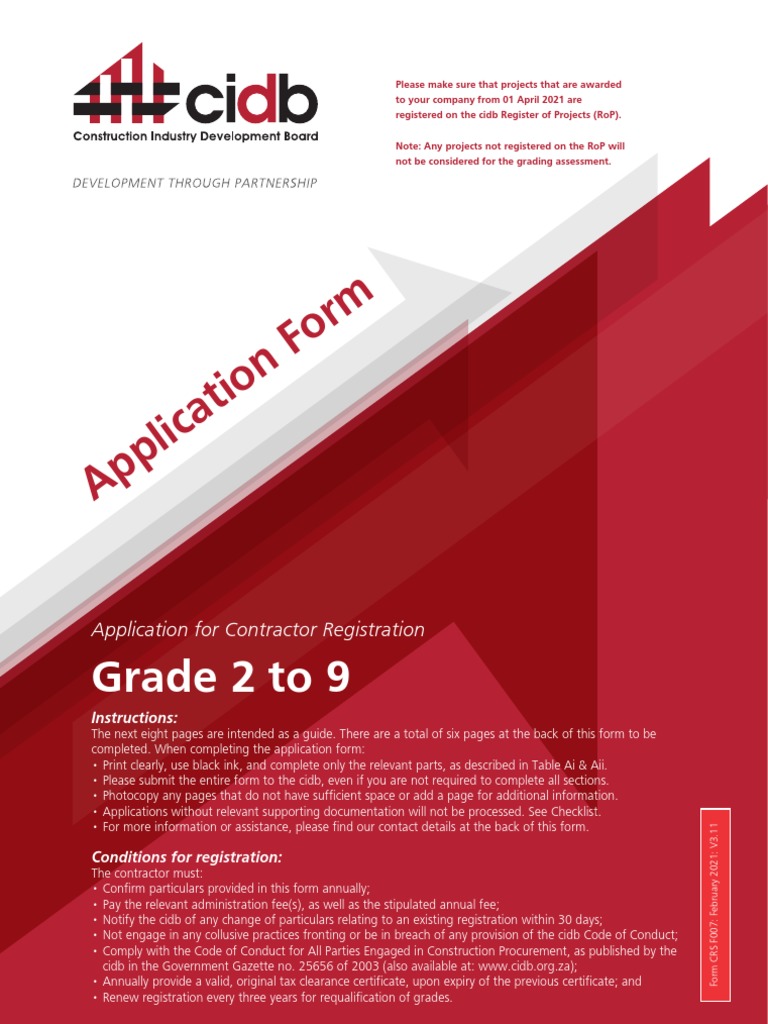 Cidb Grade 2 To 9 Application For Contractor Registration | PDF