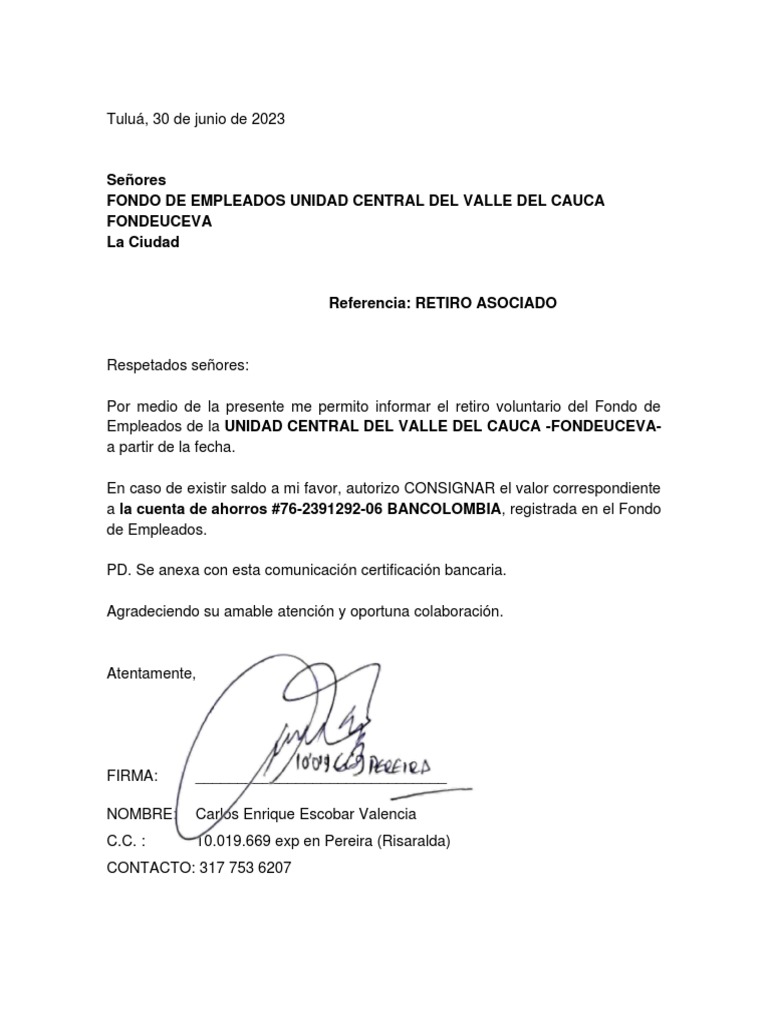 Carta Retiro Fondo Empleados Carlos E Escobar | PDF Carta Retiro Fondo Empleados Carlos E Escobar | PDF