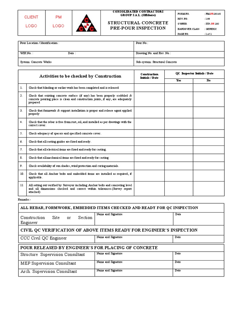 Pre-Pour Inspection Checklist | PDF | Concrete | Engineering