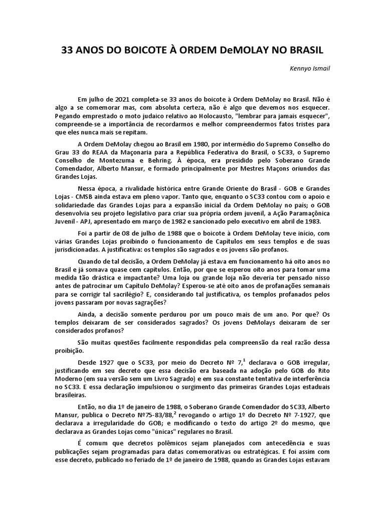 33 Anos Do Boicote À Ordem DeMolay No Brasil | PDF 33 Anos Do Boicote À Ordem DeMolay No Brasil | PDF