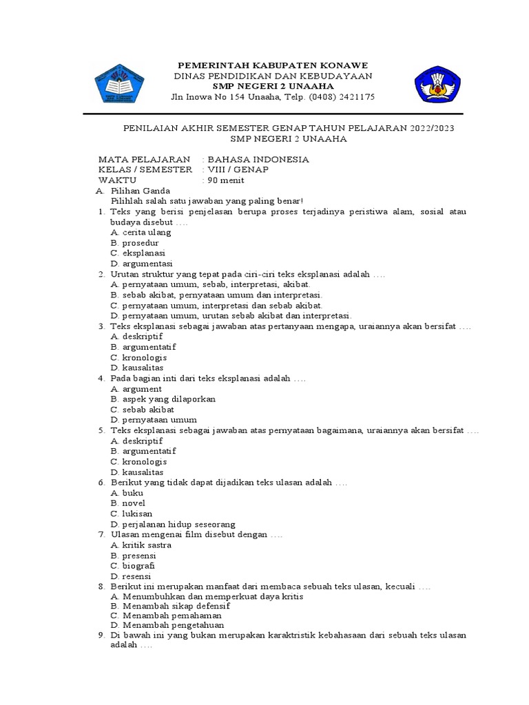Soal Ulangan Semester Genap BHS Indonesia KLS 8 TP 2019,2020 | PDF