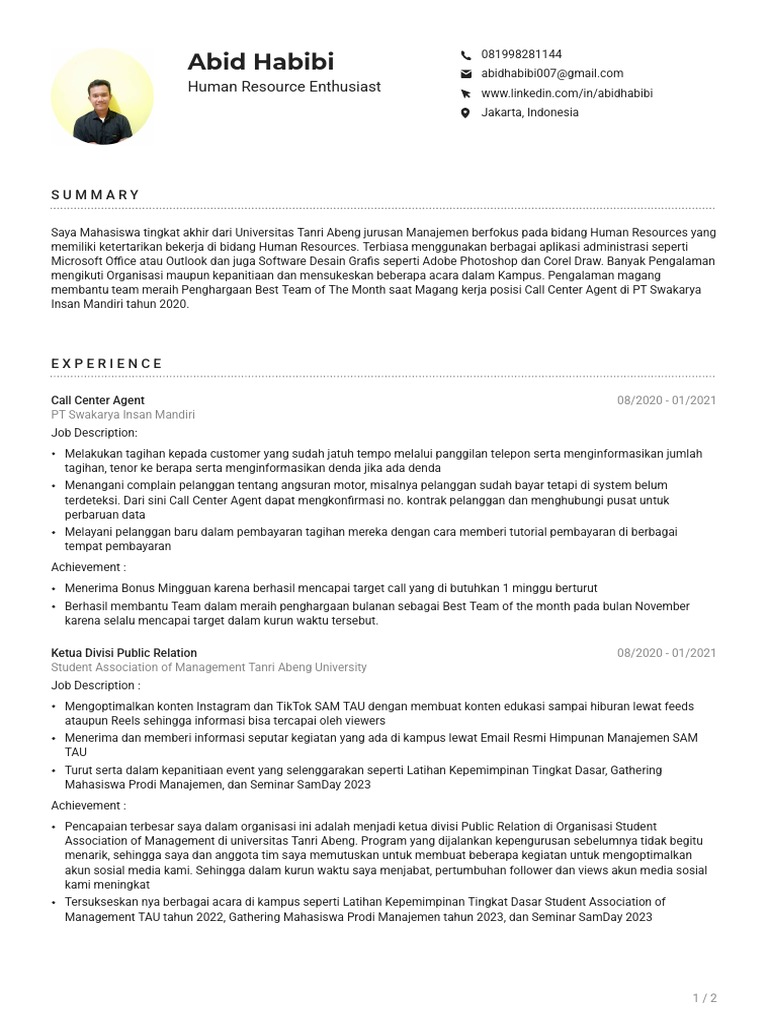 Abid Habibi - Human Resource Enthusiast - Resume | PDF | Karier ...