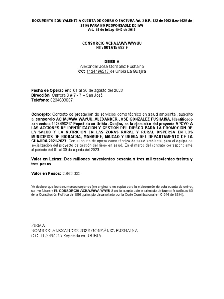 Cuenta de Cobro Sergio | PDF