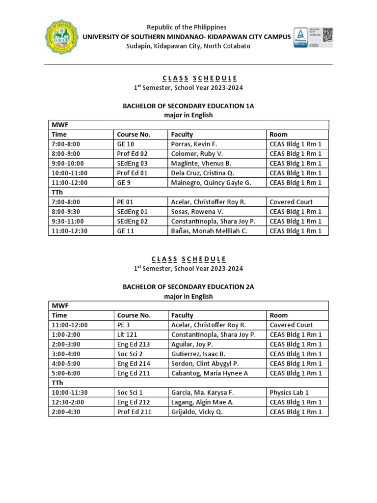 USM Kidapawan Course Schedule 2023-2024 | PDF | Observation | Science
