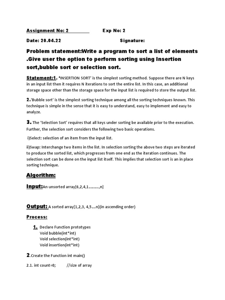 Insertion Sort and Bubble Sort Menu Driven Program | PDF Insertion Sort and Bubble Sort Menu Driven Program | PDF