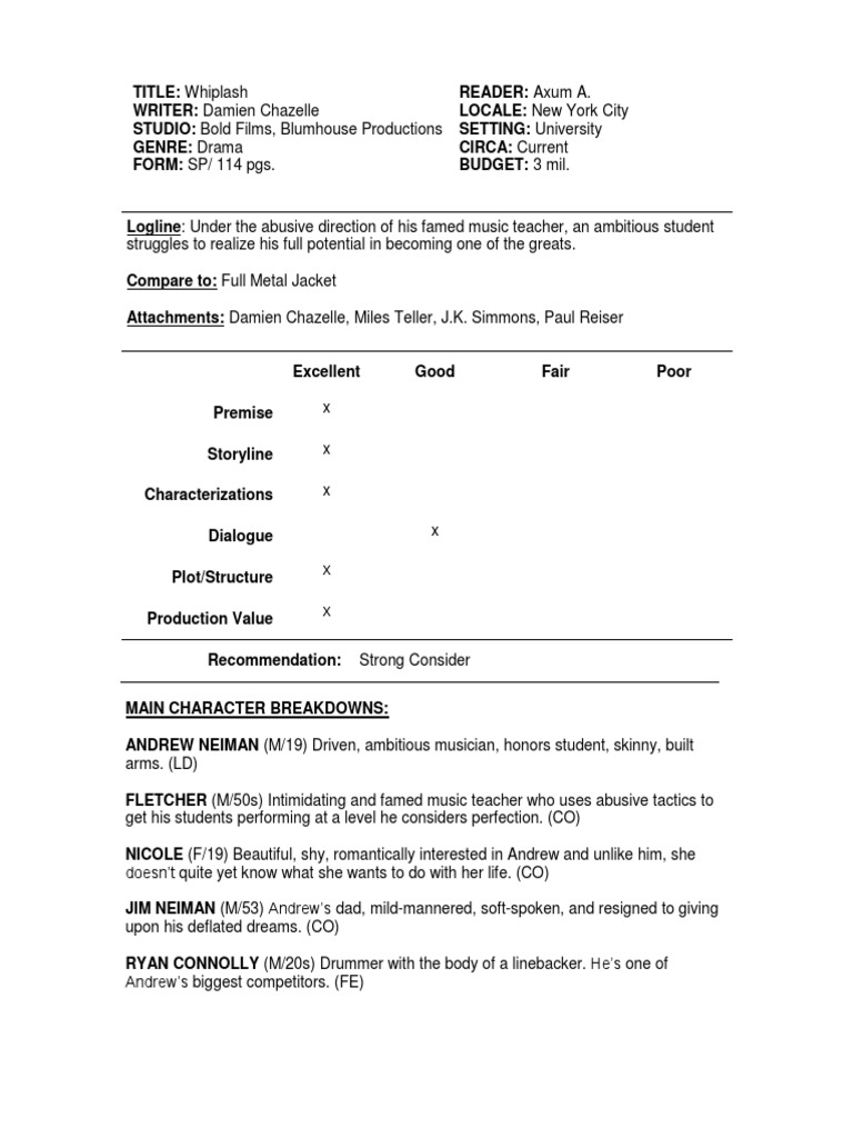 Whiplash Script Coverage | PDF