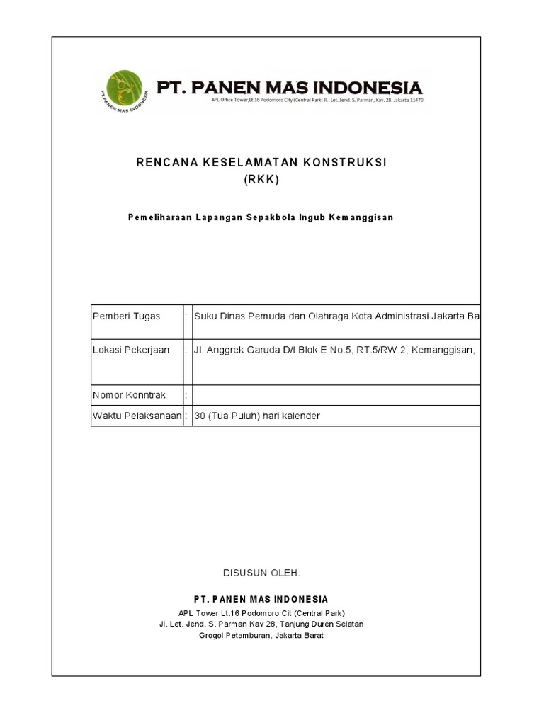 Rencana Keselam Atan Konstruksi (RKK) : Pem Eliharaan Lapangan ...
