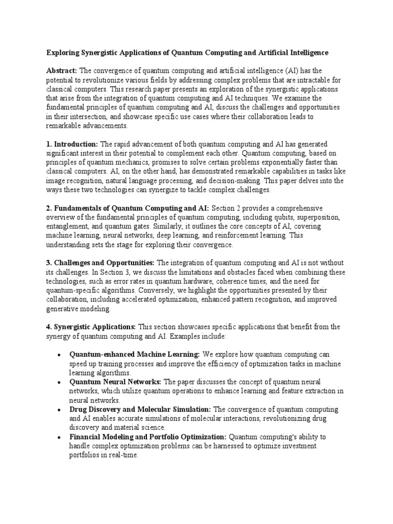 Exploring Synergistic Applications of Quantum Computing and Artificial Intelligence | PDF ...