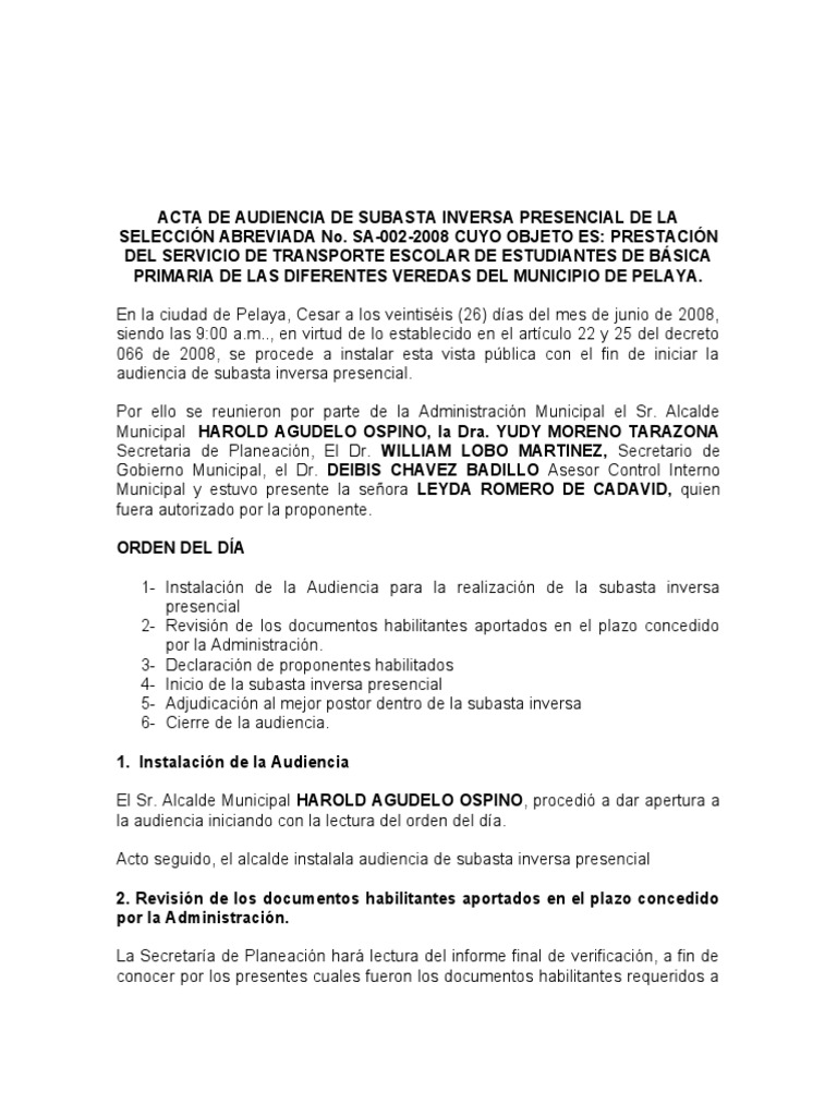 Acta de Audiencia de Subasta Inversa Presencial | PDF | Subasta