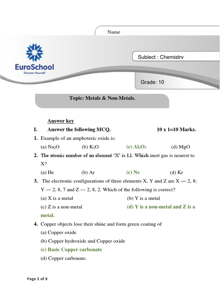 MCQ_WORKSHEET_CH3_Metals_Nonmetals_AK_converted-a92Z4eYUWwREE | PDF | Nitric Acid | Oxide
