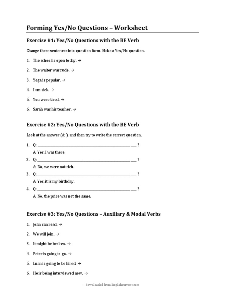 Yes No Questions Worksheet | PDF