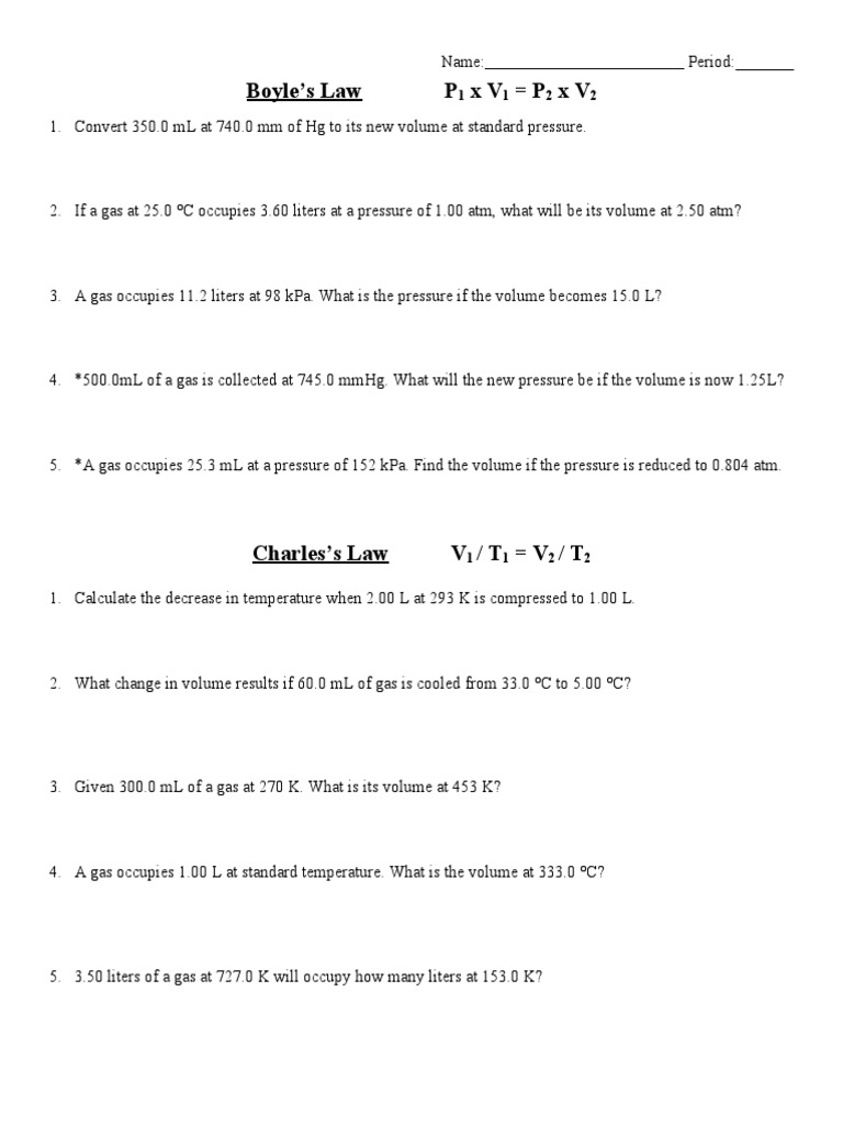Boyle - S Charles - Gay-Lussac and Combined Gas Law Worksheet | PDF
