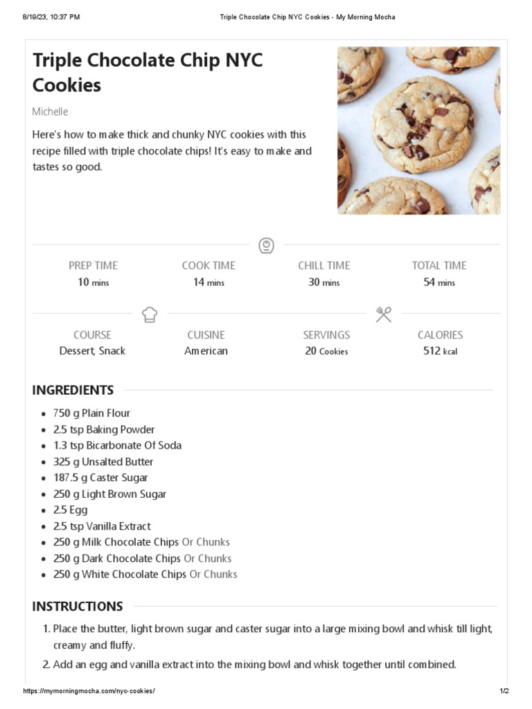 NYC Triple Chocolate Chip Cookies Recipe | PDF | Cooking, Food & Wine