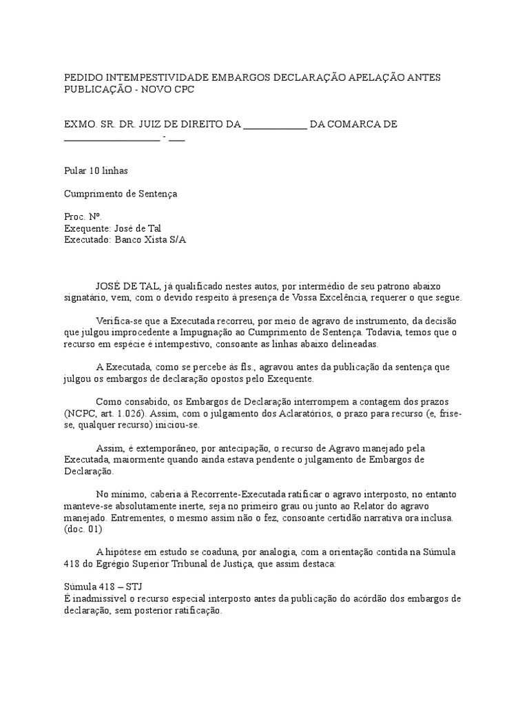Pedido Intempestividade Embargos Declaração Apelação Antes Publicação ...