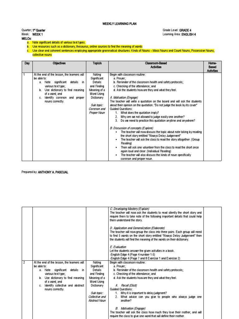 WLP Eng4 W1 | Download Free PDF | Teachers | Learning WLP Eng4 W1 | Download Free PDF | Teachers | Learning