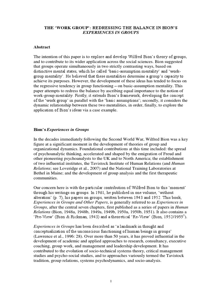 Bion's Group Mentalities: Work vs. Assumption | PDF