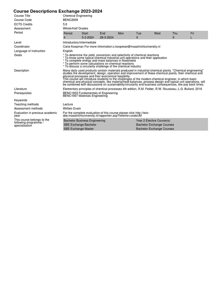 Chemical Engineering Course Overview 2023 | PDF | Chemical Engineering ...