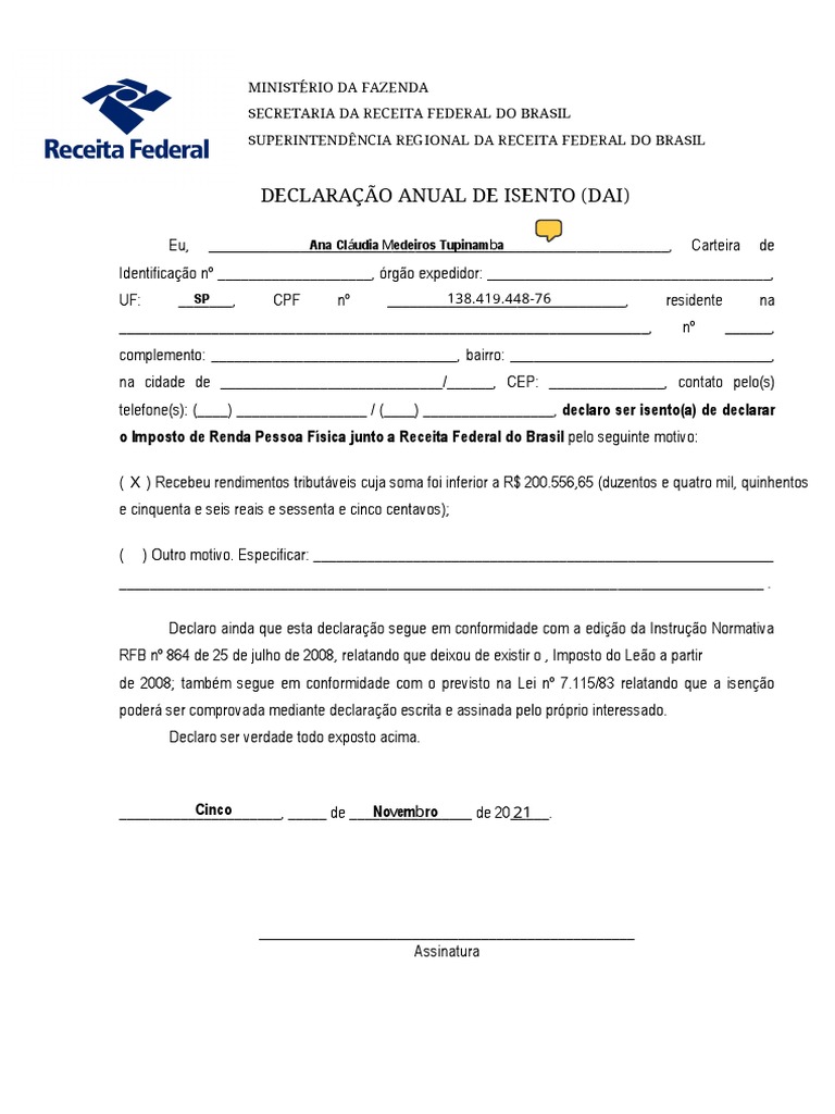 Declaracao Isento Imposto De Renda (2) (1) | PDF