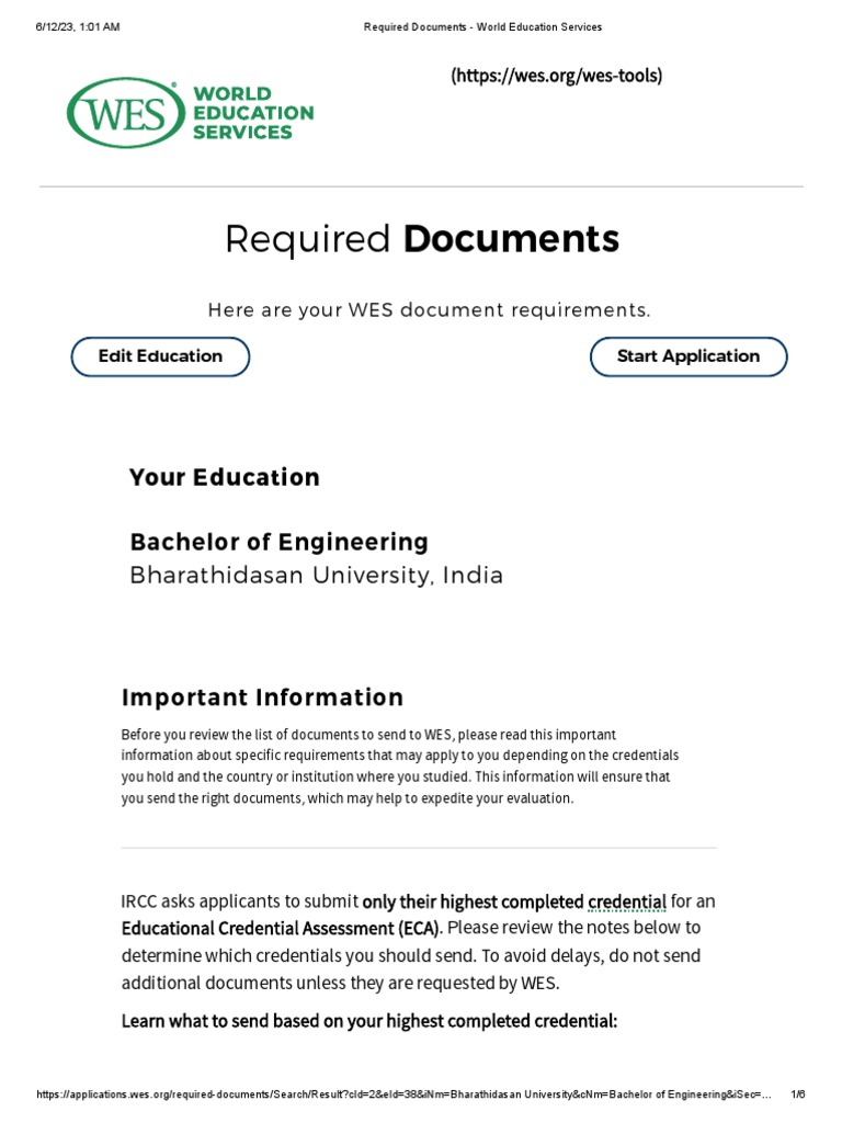 Required Documents - World Education Services-Self | PDF