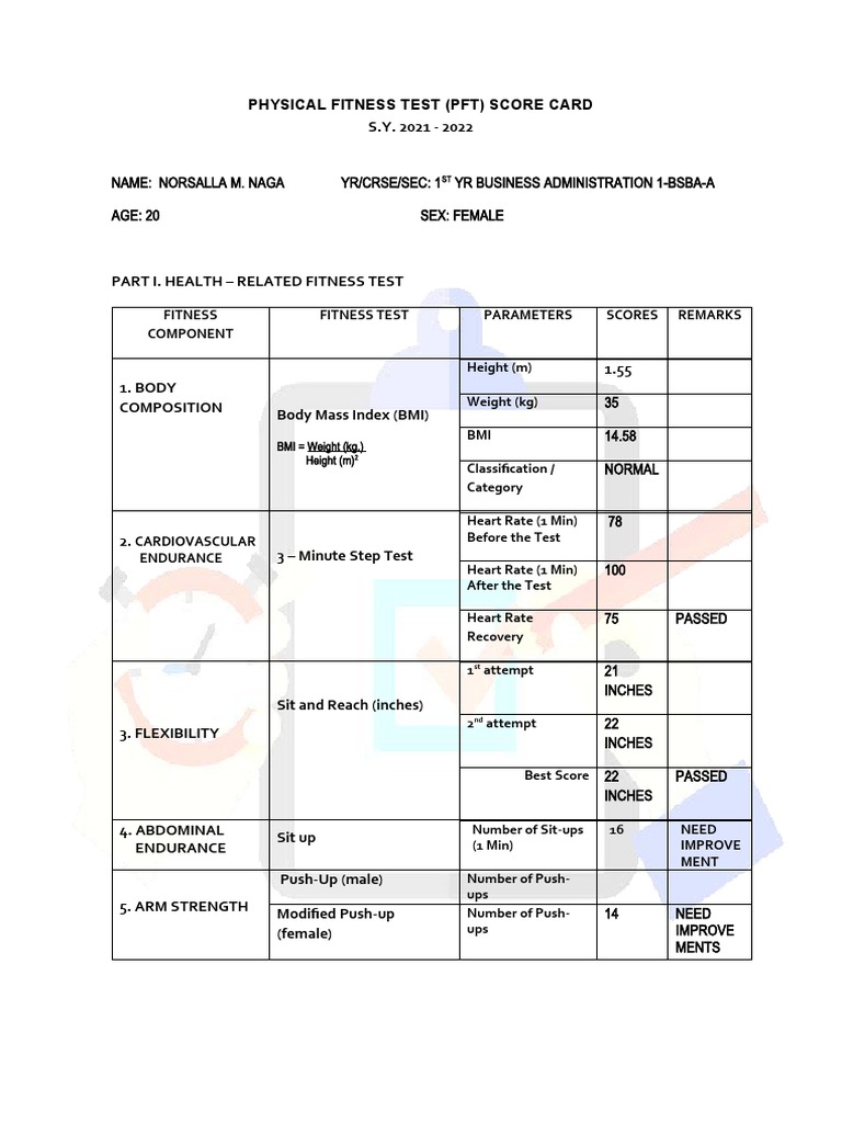 Naga Pe 1 - Physical Fitness Test Score Card | Download Free PDF ...
