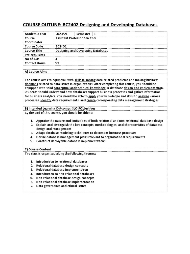 BC2402 Designing and Developing Databases - Course Outline | PDF | Academic Integrity | Databases