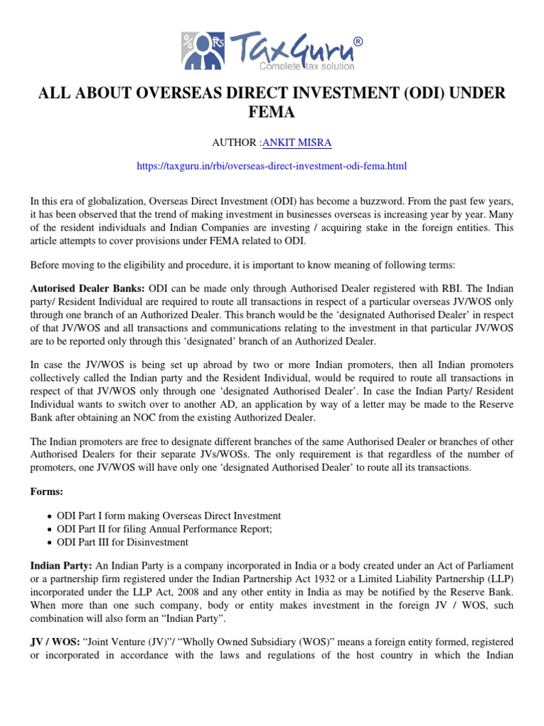 All About Overseas Direct Investment (ODI) Under FEMA - Taxguru - in ...