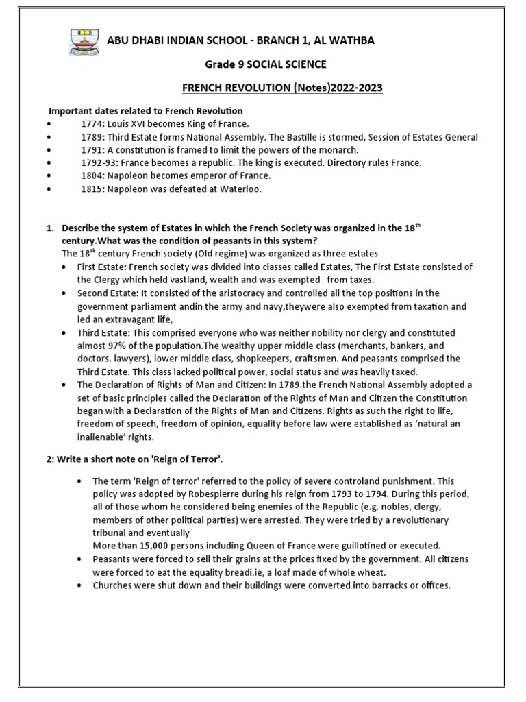 French Revolution Notes GR9 6 | PDF | French Revolution | Reign Of Terror