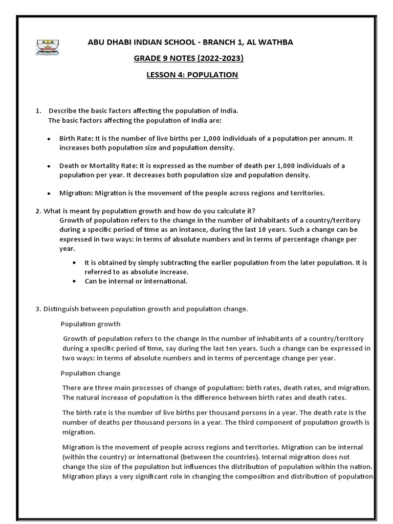 Class 9 Population Factors and Growth | PDF | Human Migration ...