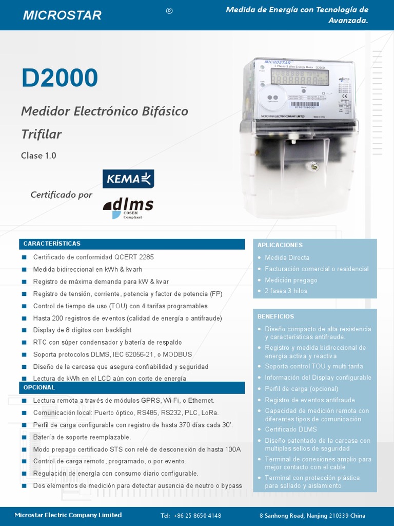 Ficha Tecnica Medidor Bifasico Bidireccional Microstar D2000 | PDF | Energia electrica ...