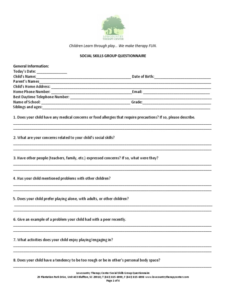 Social Skills Group Questionnaire 070811 | PDF | Cognitive Science ...