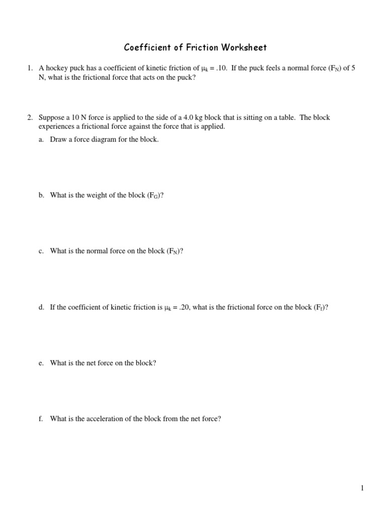 Physics Worksheet - Friction | PDF