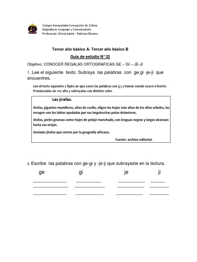 Guía de Ortografía: Ge, Gi, Je, Ji | PDF | Artes del Lenguaje y ...