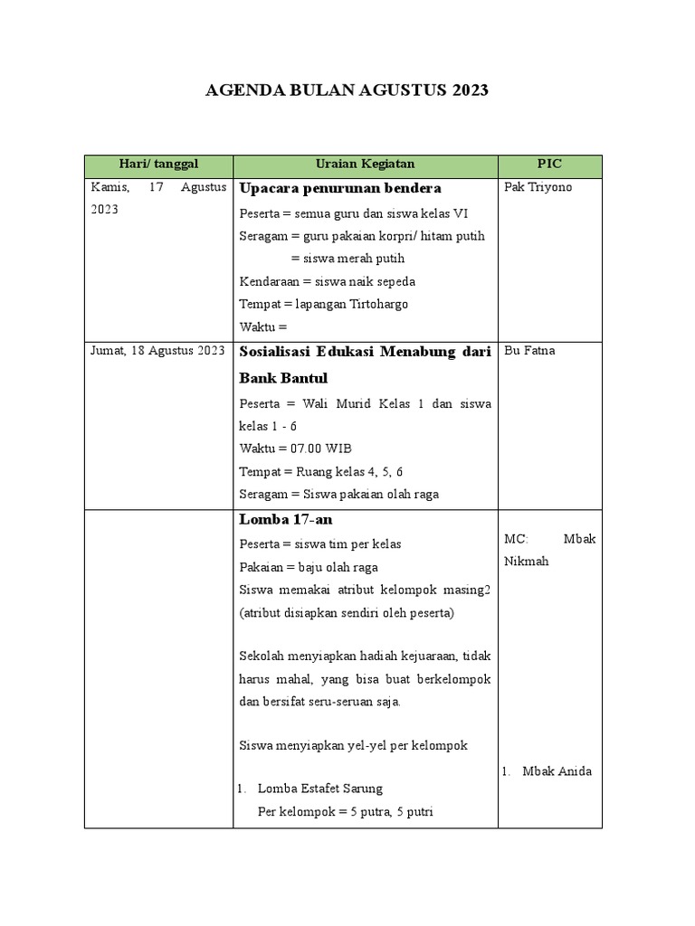 Agenda Bulan Agustus | PDF