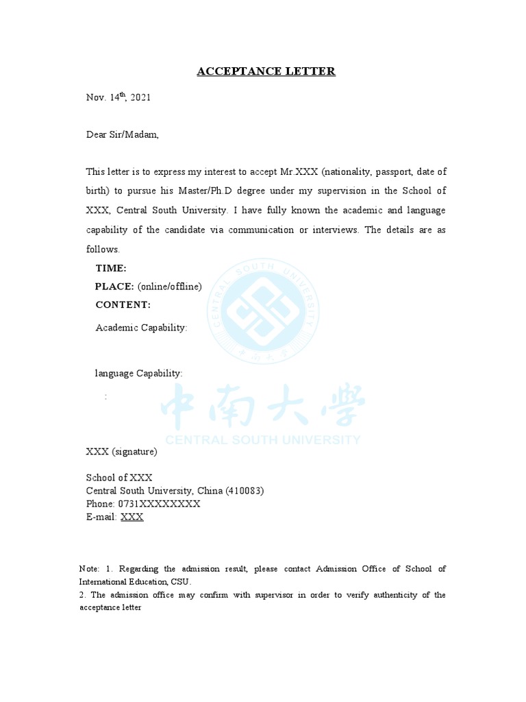 Acceptance Letter Format for china 教授同意接收函模板 | PDF