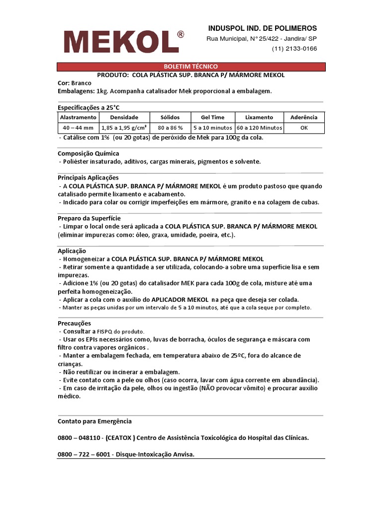 Fispq Cola-Plastica-Sup-Branca - Mekol 1 KG | PDF