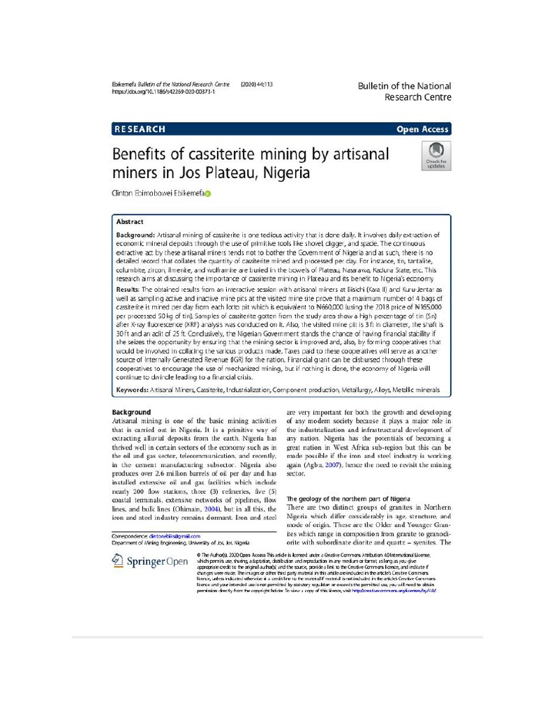 Benefits of Cassiterite Mining by Artisanal Miners in Plateau State ...