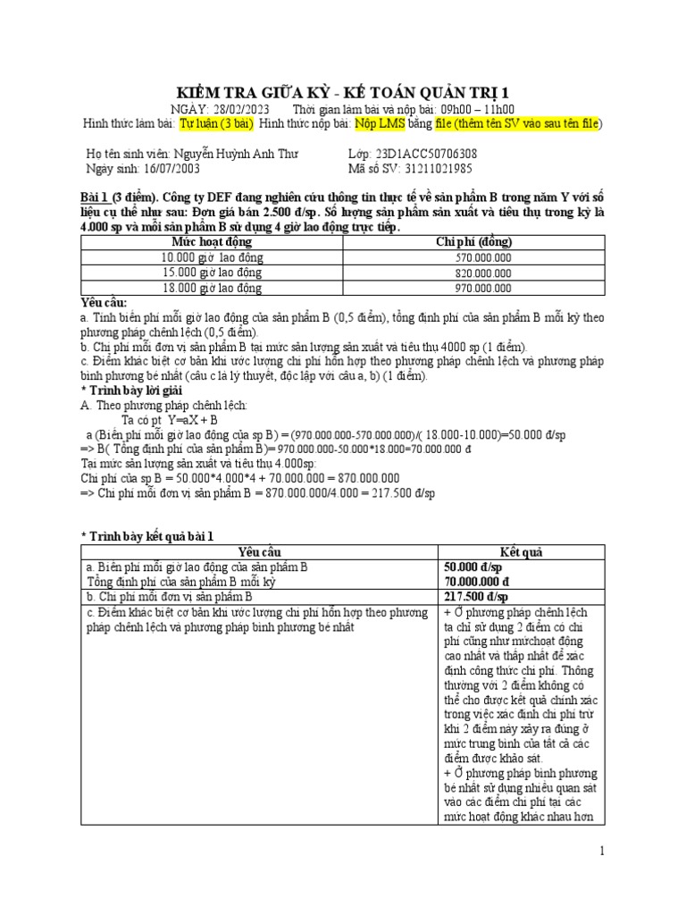 Kiem Tra Giua Ky - Ke Toan Quan Tri 1 | PDF