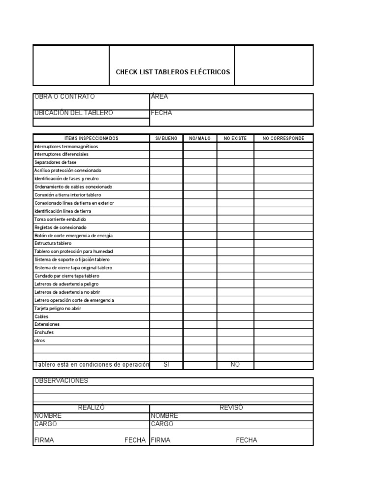 Checklist De Inspección De Tableros Eléctricos Pdf