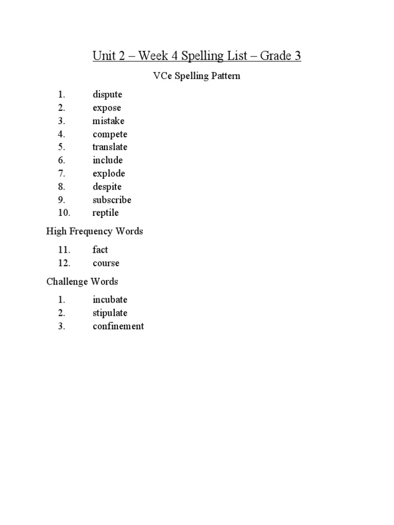 Unit 2 - Week 4 Spelling List - Grade 3 | PDF