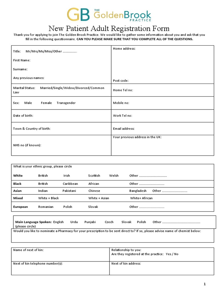 The Golden Brook Practice Patient Adult Registration Form | PDF