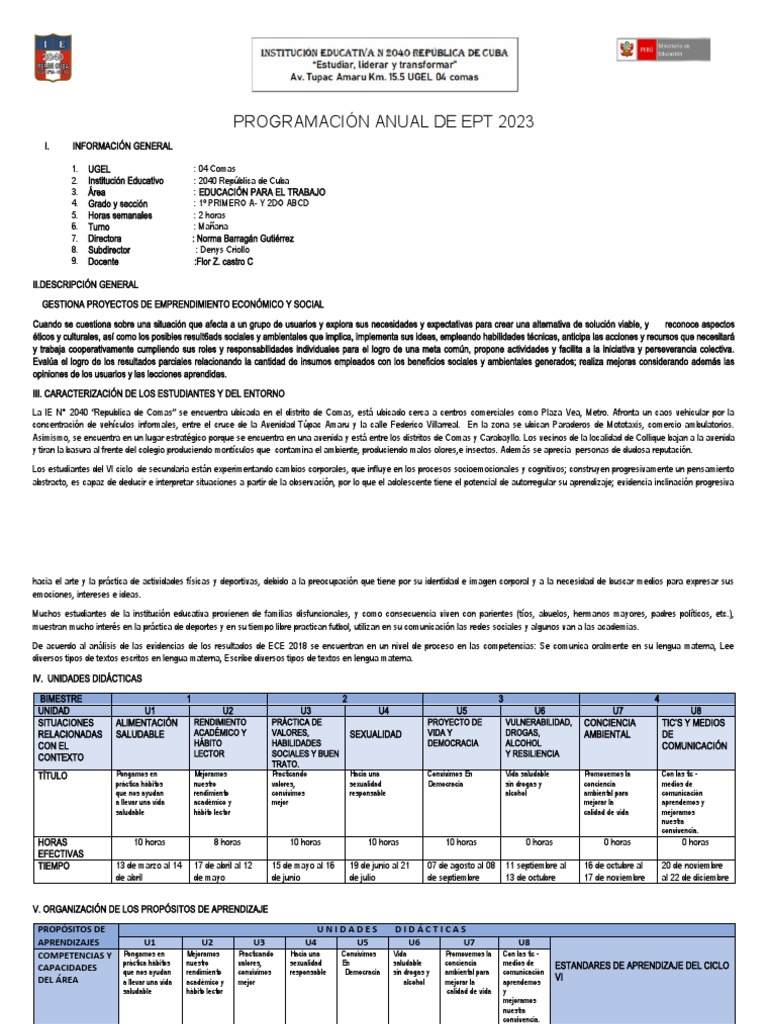 Programacion Anual de Ept 1 y 2 Gd. 2023 | PDF | Crecimiento personal y profesional | Ciencias ...