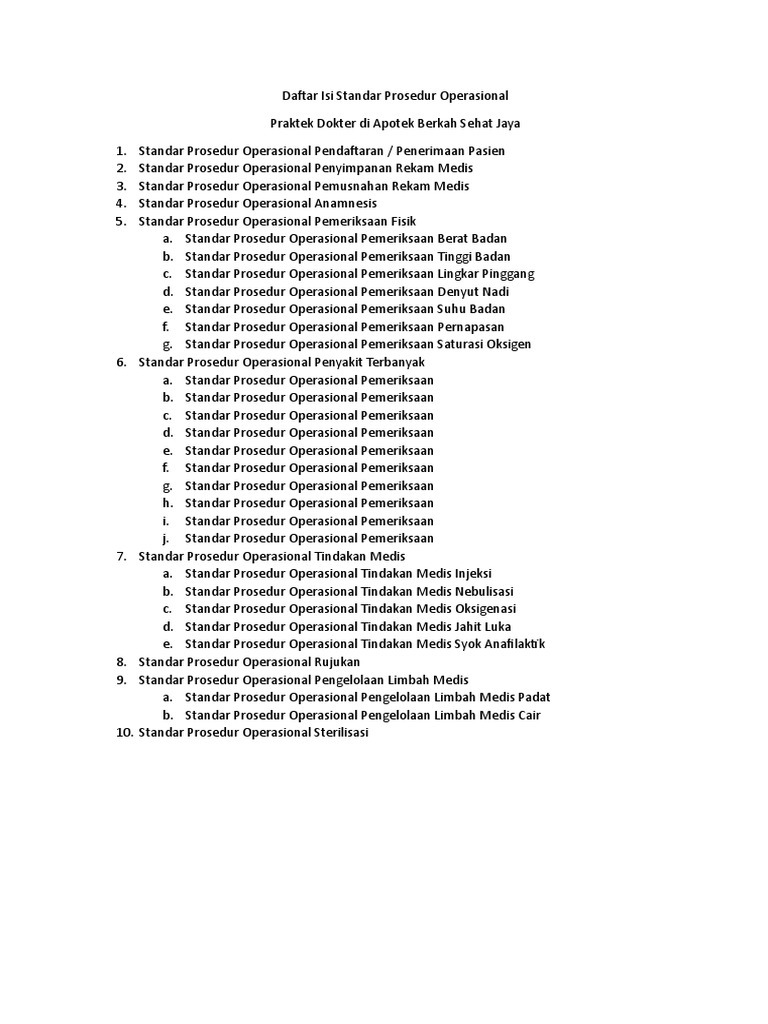 Daftar Isi Standar Prosedur Operasional Pdf